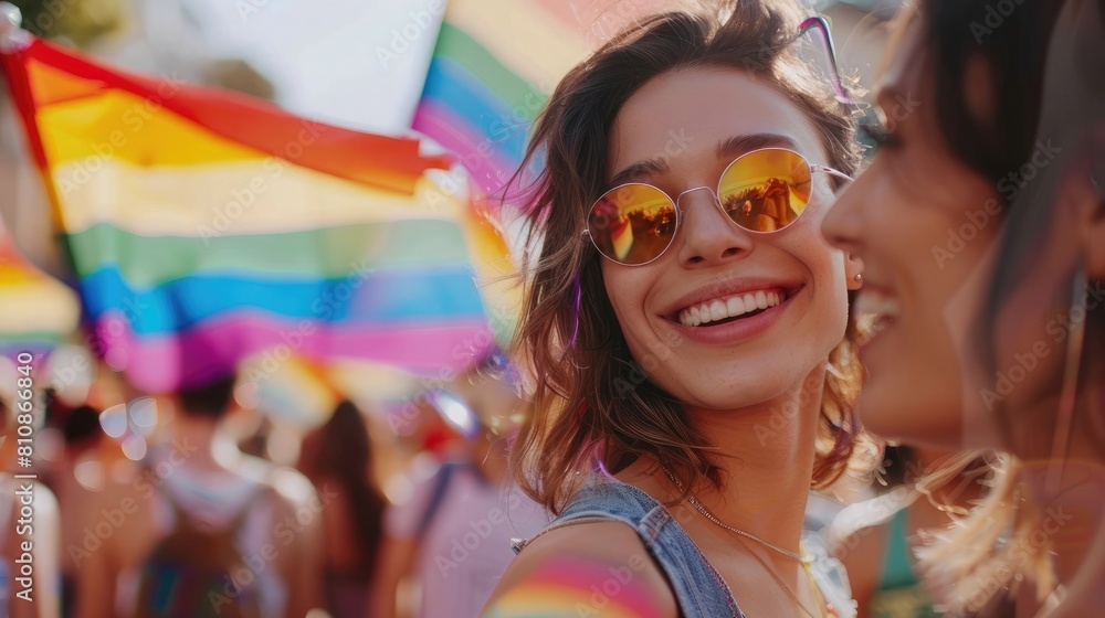 Candid young lesbian woman celebrating gay pride LGBTQ festival in a ...