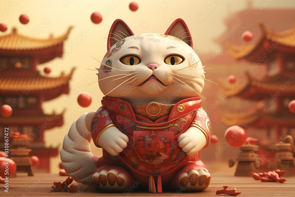 Money cat Maneki-neko on a beige background, shiny lucky cat means ...