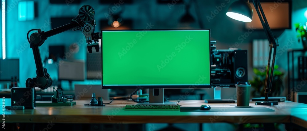 An isolated green mock-up screen display is on a desk computer with a ...