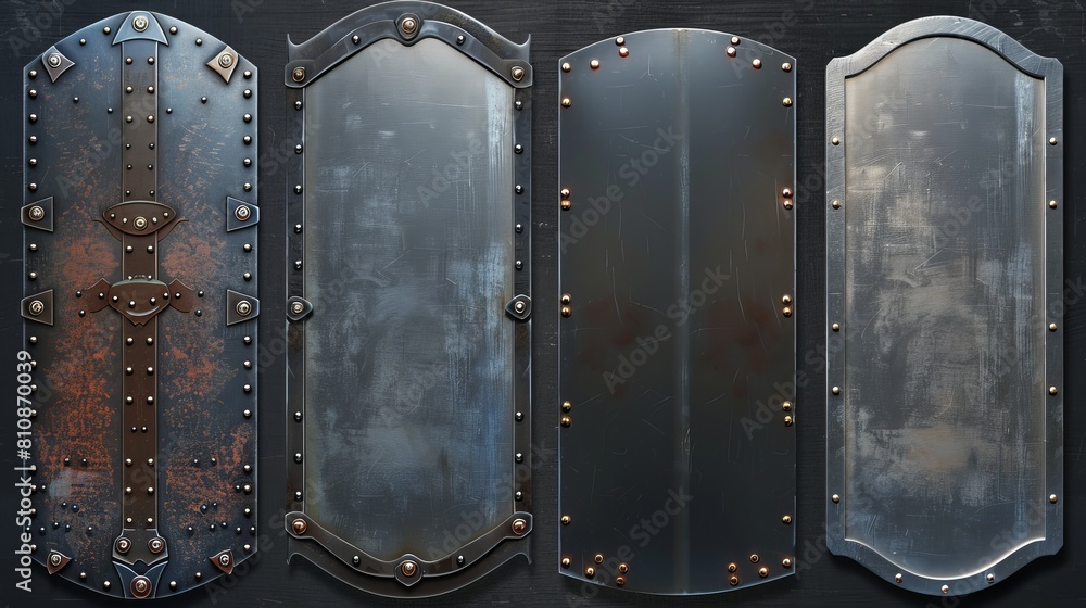 Metal signs and steel or silver plates with rivets and frames. A ...