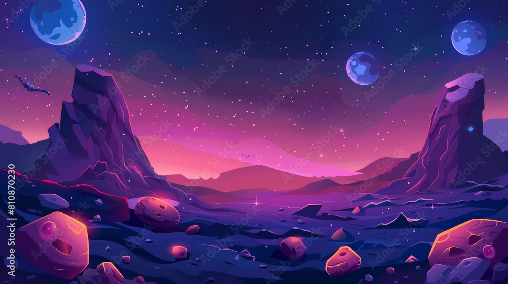 Science fiction computer game scene with an alien planet surface ...