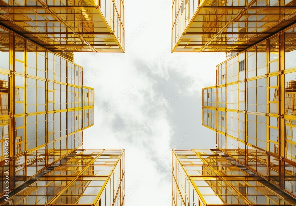 A city skyline with four tall buildings, all made of glass. The ...