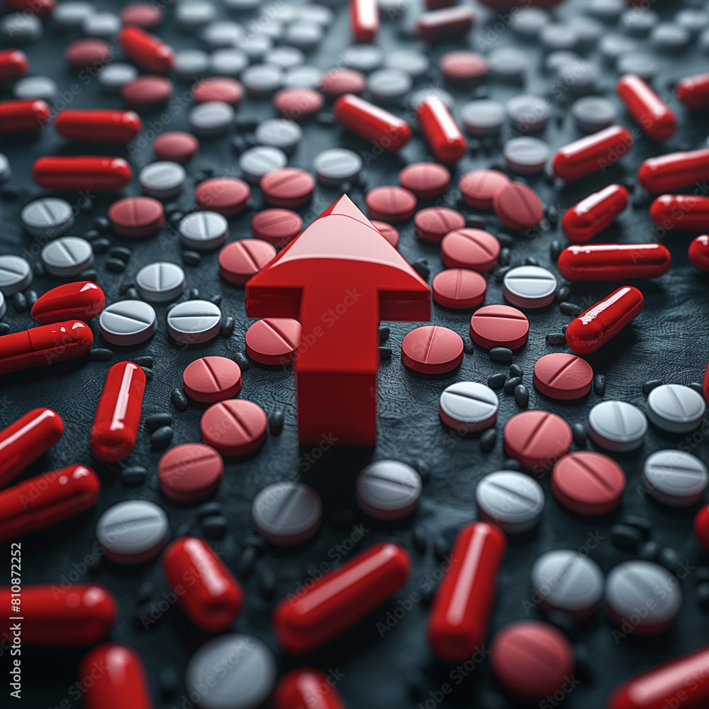 Dynamic healthcare concept with a prominent red arrow soaring through a ...