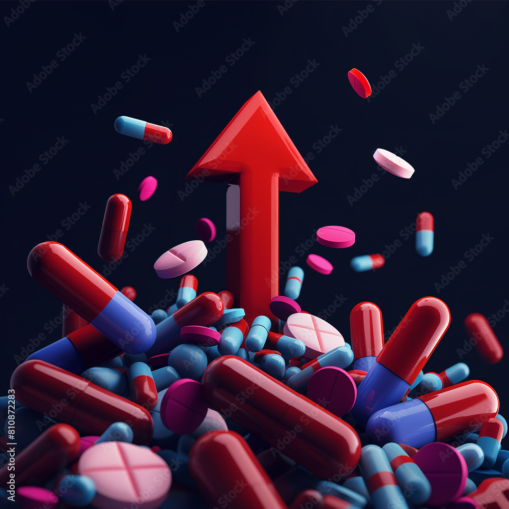 Dynamic healthcare concept with a prominent red arrow soaring through a ...