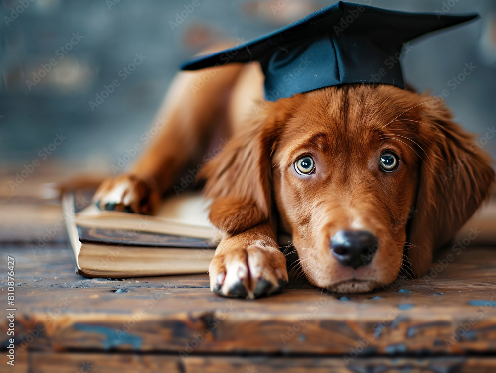 Smart Labrador puppy wearing a graduation cap looks at the camera ...