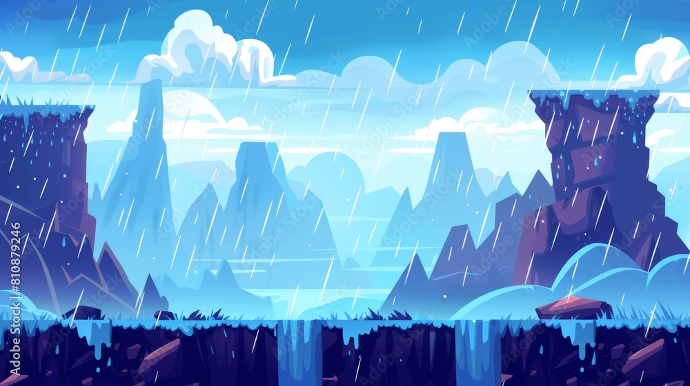 Rainy mountain landscape illustration with cliffs, ledges, and ...