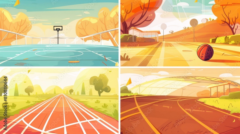 Modern illustration of empty stadium with running lane, field, ball ...