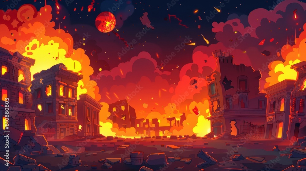 City in flames, war destroyed, abandoned burning broken buildings and ...