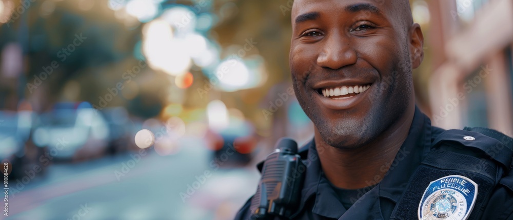 Photograph of an African American policeman in universal uniform posing ...