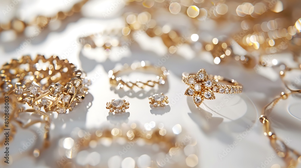 Sparkling gold jewelry displayed against a clean white surface ...