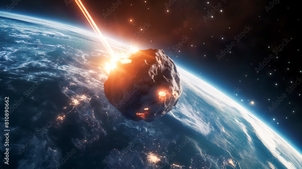 Meteor glowing as it enters the Earth's atmosphere. Planet Earth and ...