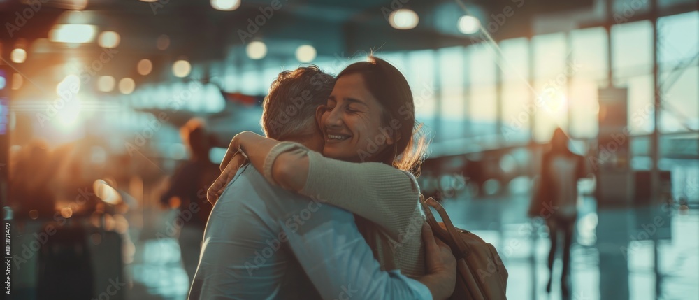 Reunion at the airport terminal: Smiling Girlfriend and her handsome ...