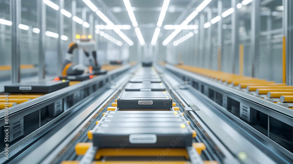 Automated production line robot arms transporting automotive battery ...