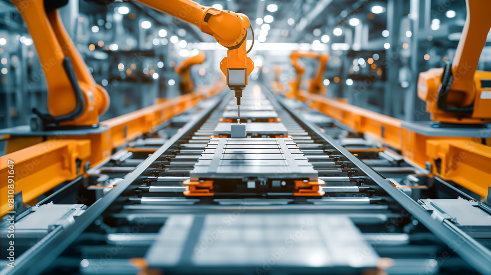 Automated production line robot arms transporting automotive battery ...