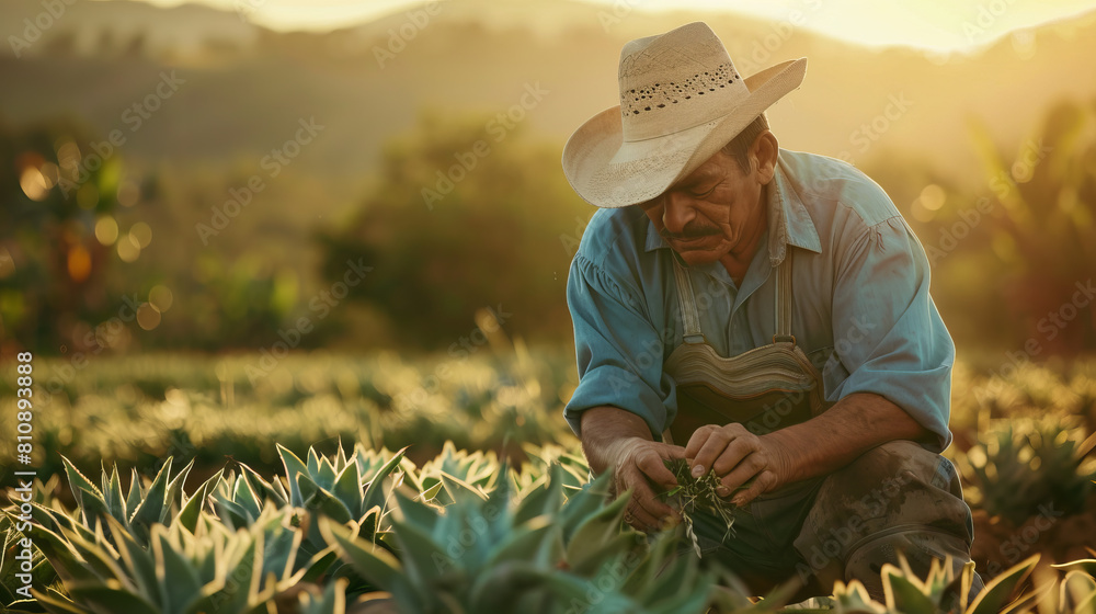 A photo of a Mexican farmer in a field, where he is working intently in ...