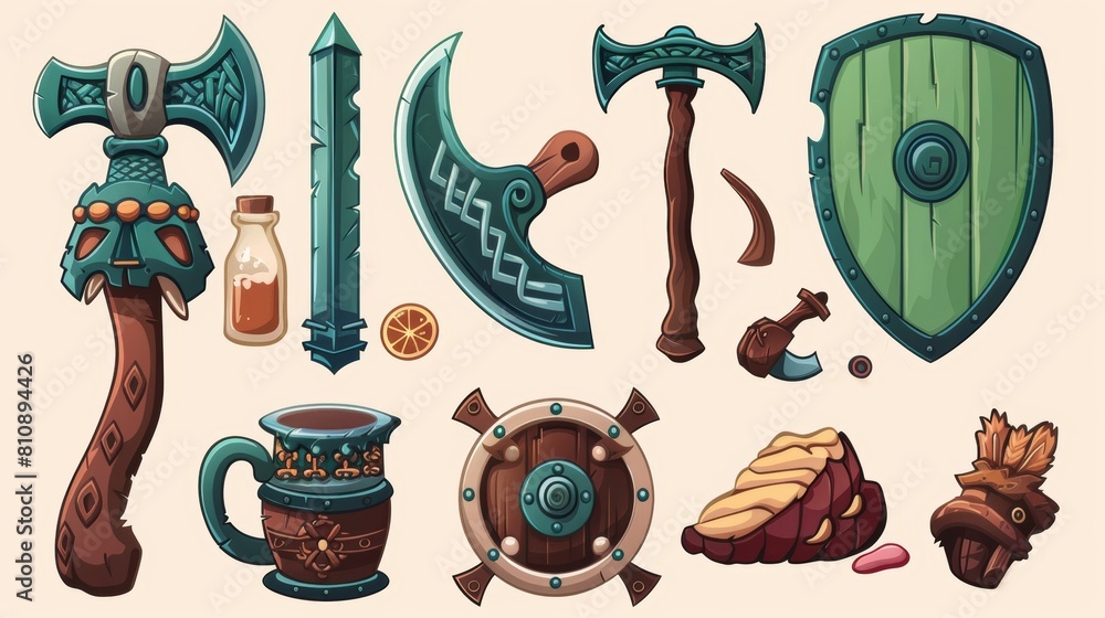 This modern cartoon set includes Viking weapons, shields, helmets, food ...