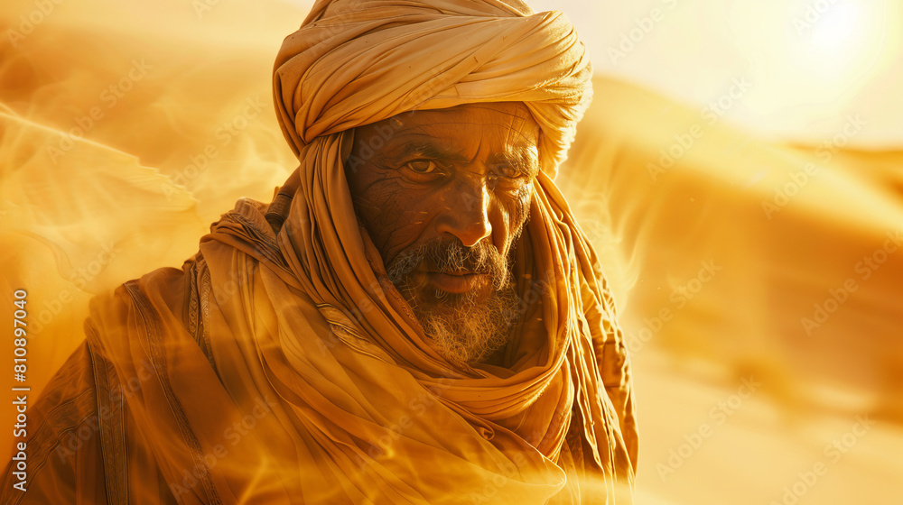 An Arab nomad, faithful to his work, is depicted in sand dunes under ...