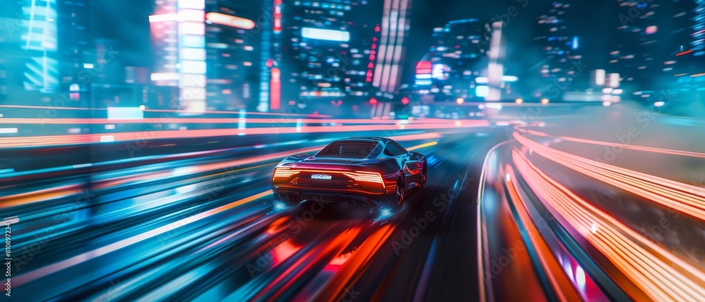 VFX on image. Third-person view of a racing simulator game with ...