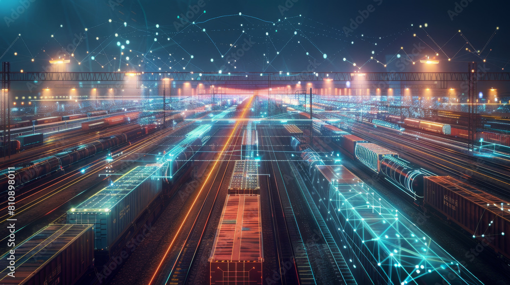 A striking visualization of a rail freight terminal at night ...