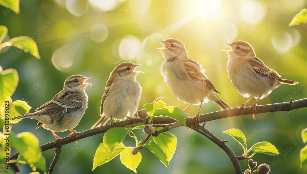 Small birds singing on branches during a sunny morning capture the ...