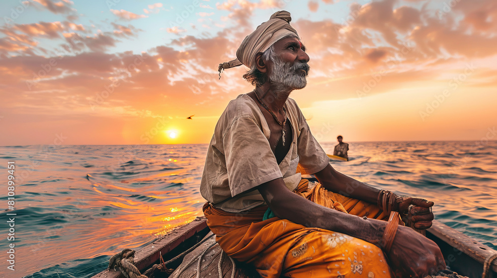 An Indian fisherman, in traditional clothes, with a catch in his hands ...