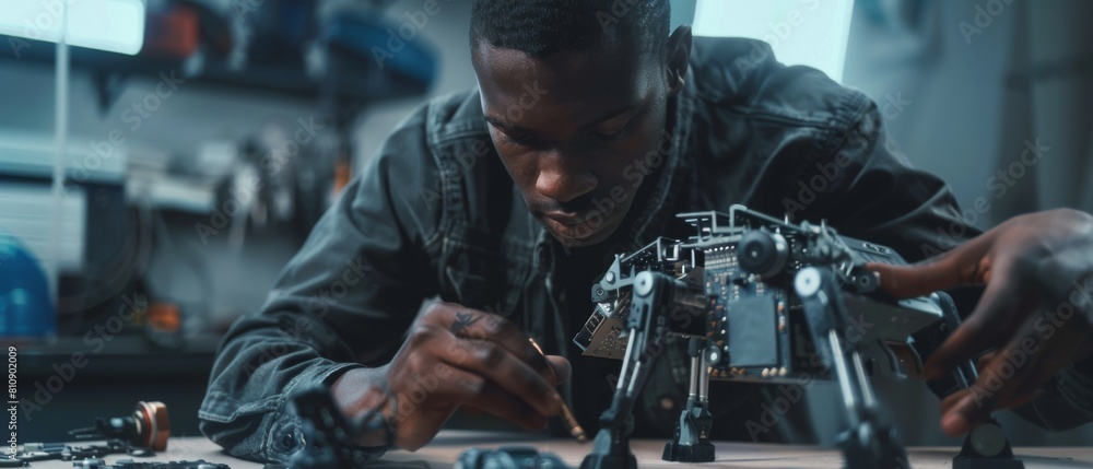 A close up portrait of an African American robotics engineer setting up ...