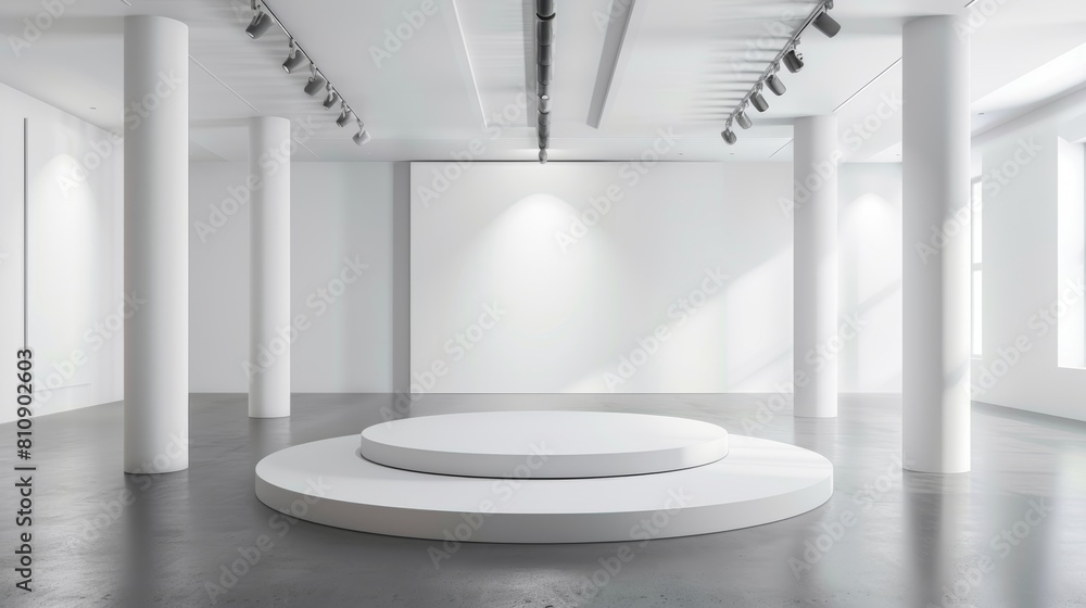 Modern museum hall with white pillars and round platform surrounded by ...