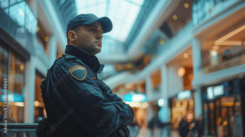Security guard in black uniform stands alert in a bustling shopping ...