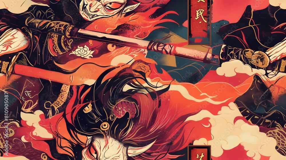 Seamless pattern of japanese samurai gouache painting anime aesthetic ...