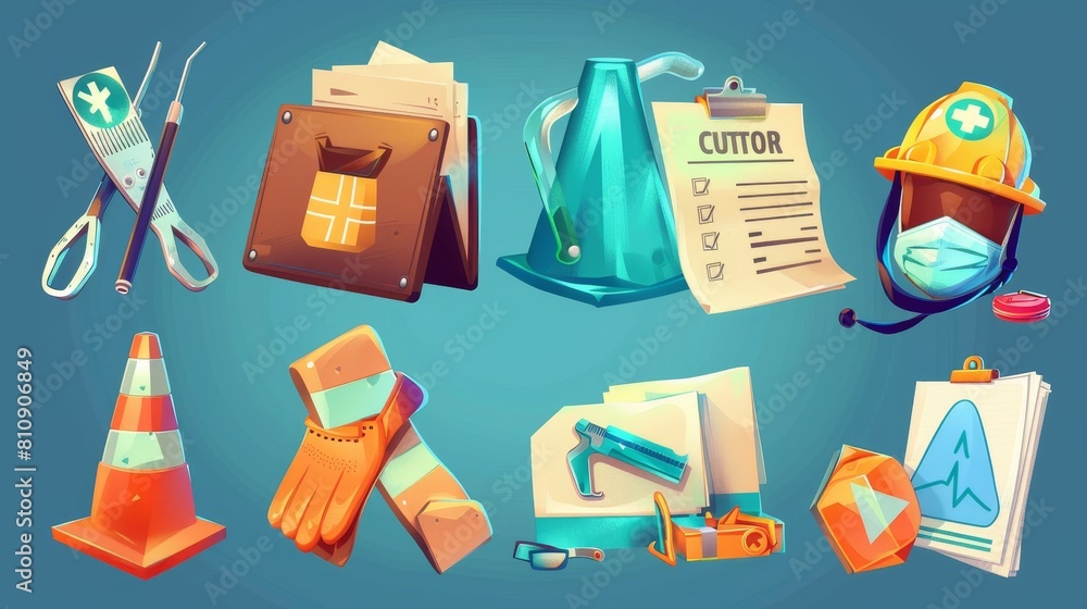 Symbols of health and labor protection in this cartoon banner template ...