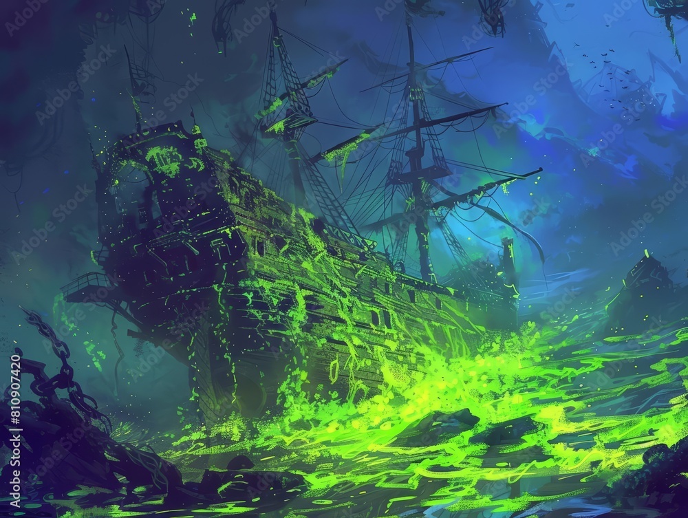 Creating an image where neon green seaweed dances around an ancient ...