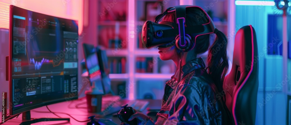 Young Cosplay Female Exploring VR Metaverse Online While Sitting Behind ...