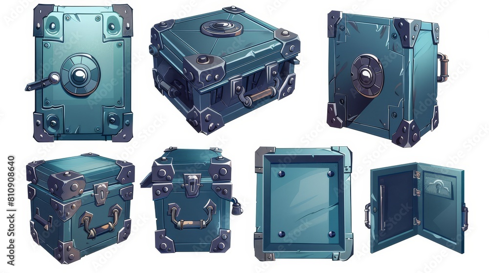 Safe box set with an open and closed door. 3D steel vault icon with a ...