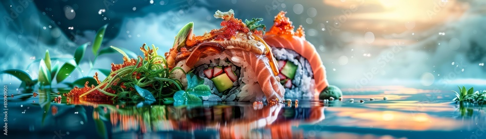 Food creative with a sushi landscape featuring a majestic dragon roll ...