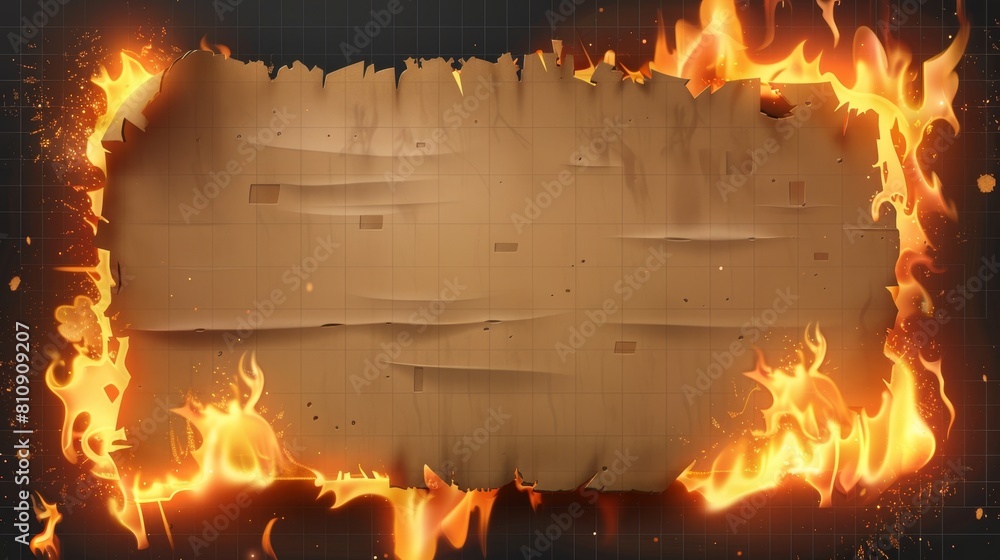 Burnt paper edge with grid modern set. Fire effect on page hole. Flame ...