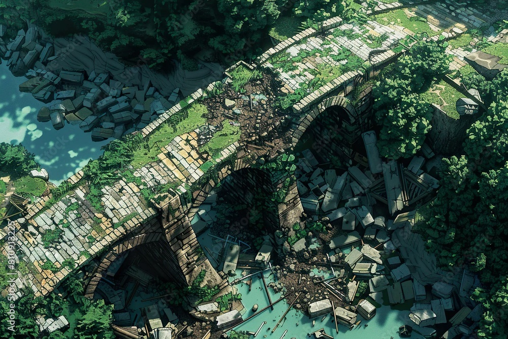 DnD Battlemap collapsed, bridge, battlefield, small, ruined, overgrown ...