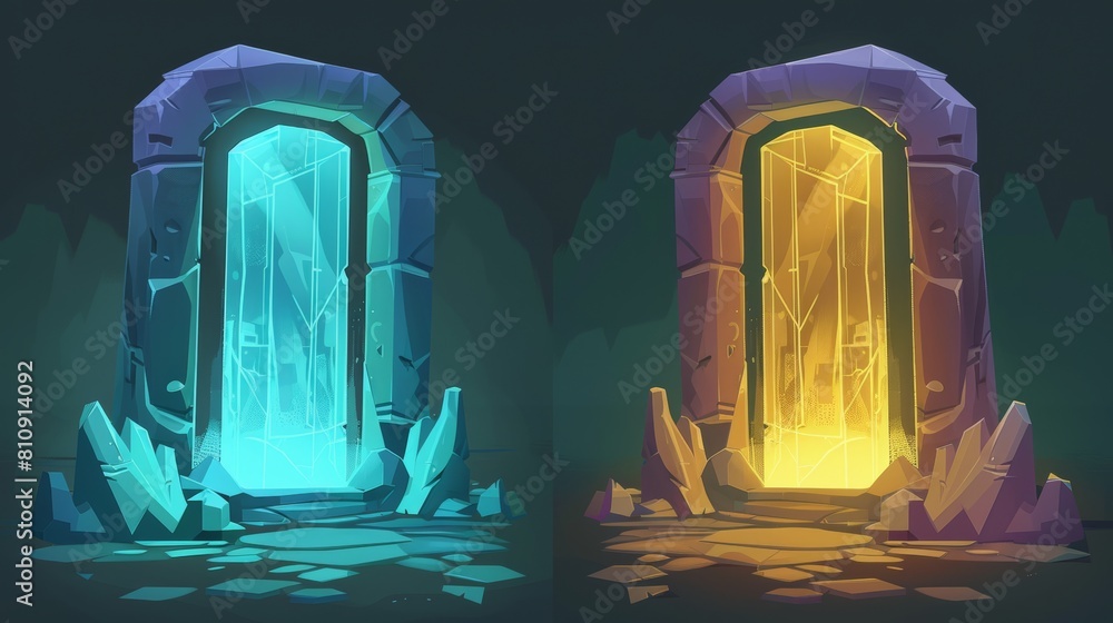 Future game cartoon set with magic gate portal door UI. Green and blue ...