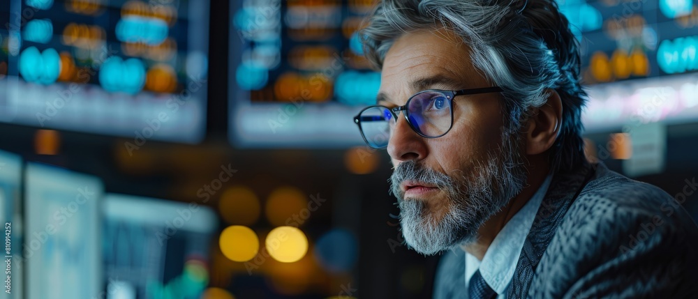 An aging stock exchange broker works on his computer at a multi-screen ...
