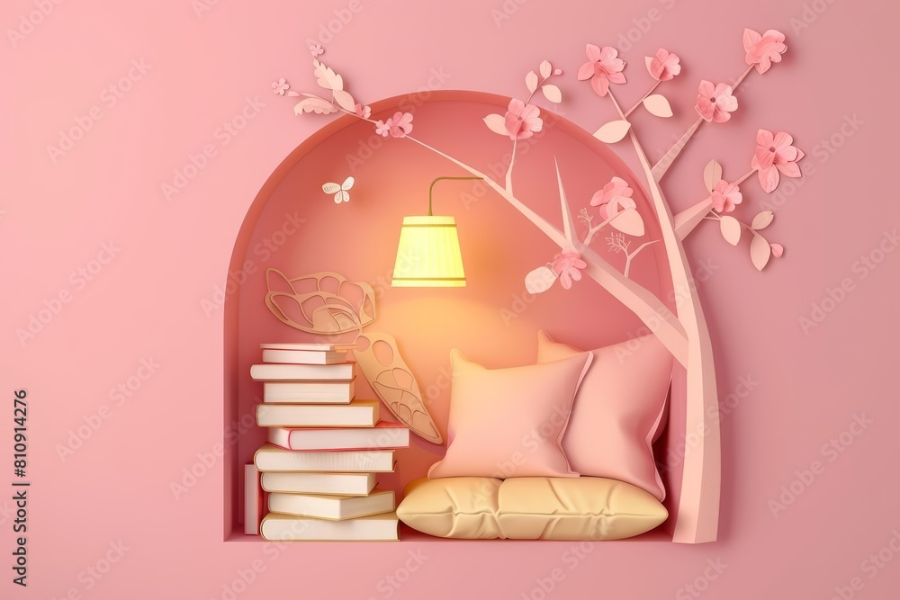 Paper art style of a cozy reading nook with stacks of books and a warm ...