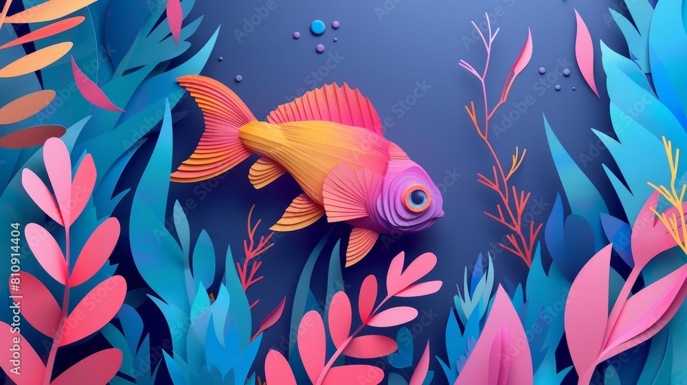 Paper art style of a vibrant fish swimming among aquatic plants ...