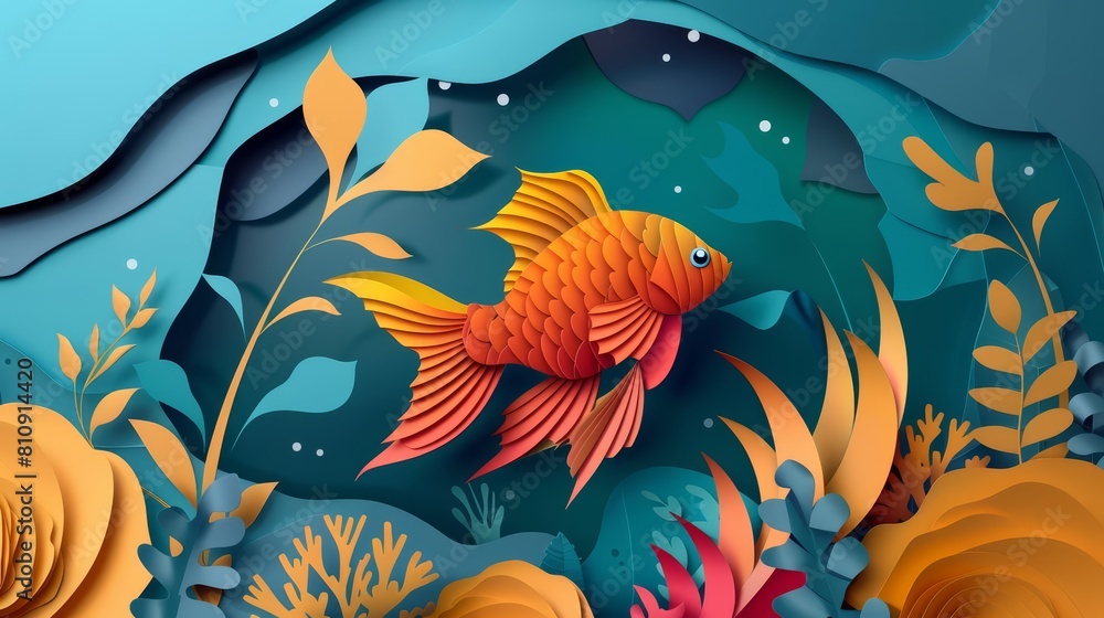 Paper art style of a vibrant fish swimming among aquatic plants ...