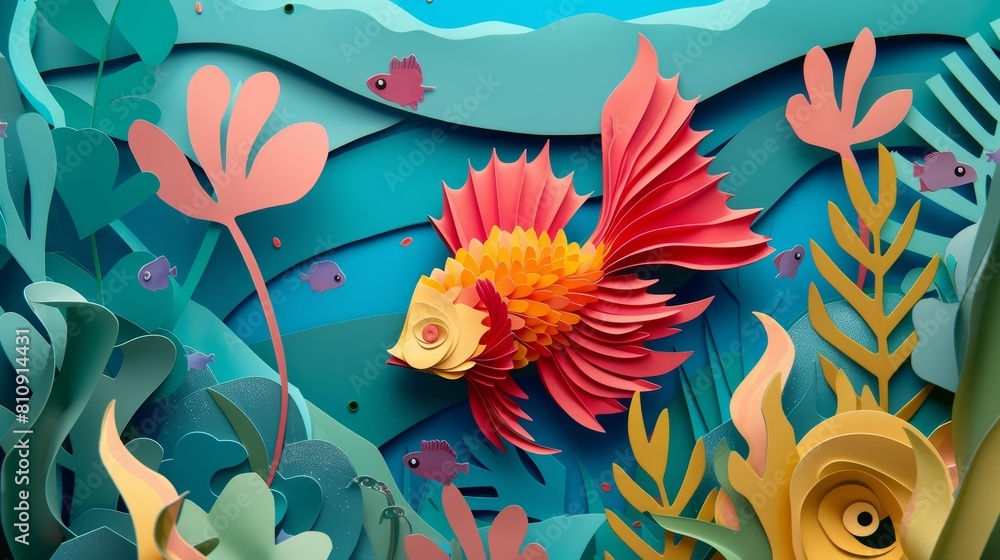 Paper art style of a vibrant fish swimming among aquatic plants ...