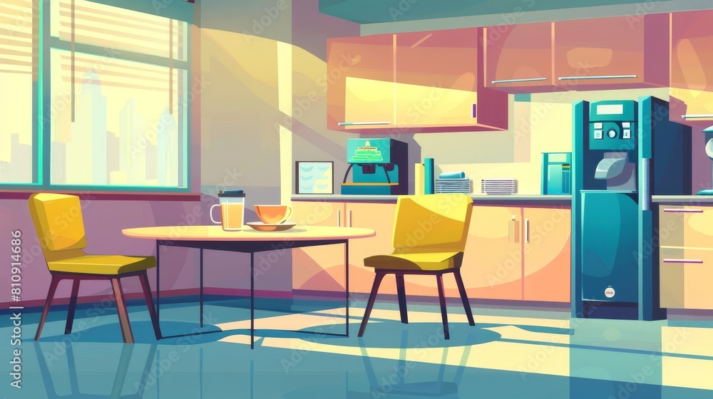 An interior modern background with a table, chair, and coffee machine ...