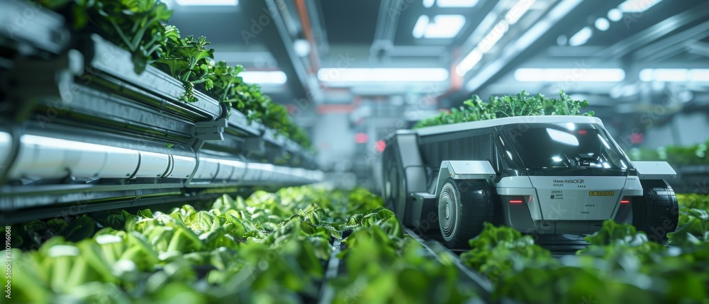 Sustainably grown organic vegetables transported via robots. Digital ...