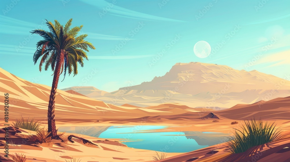 Desert oasis modern landscape background with egyptian palm tree ...