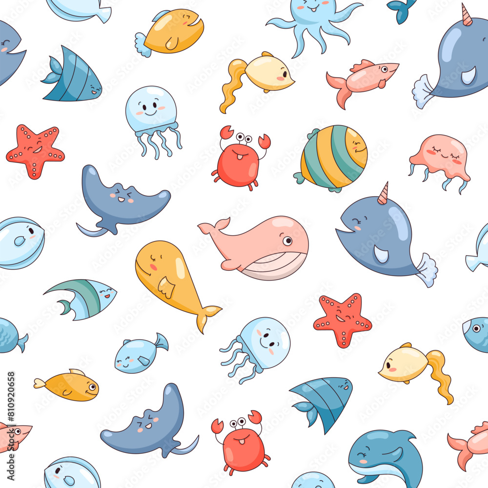 Cartoon aquatic animals. Seamless pattern. Fish characters underwater ...