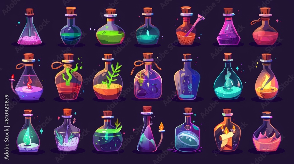 Illustration of glass bottles and jars filled with magic potions ...