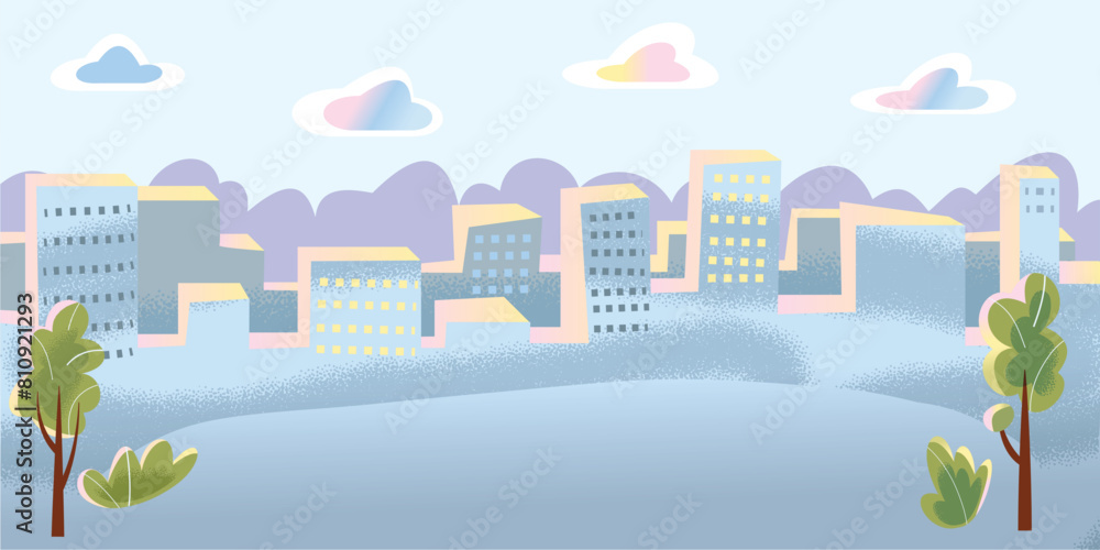 City urban background. Town street landscape of buildings and trees ...