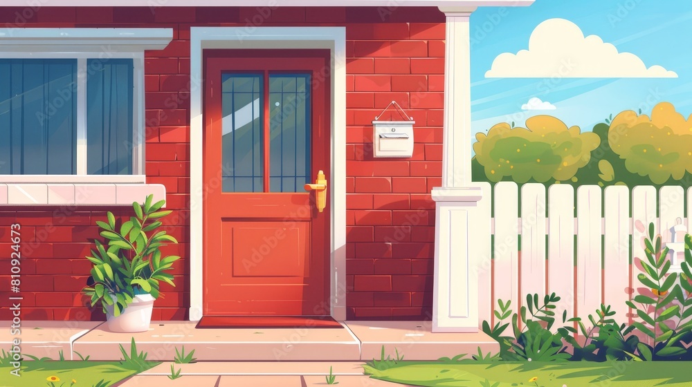 Typical house facade illustration with a red brick wall, open doors ...