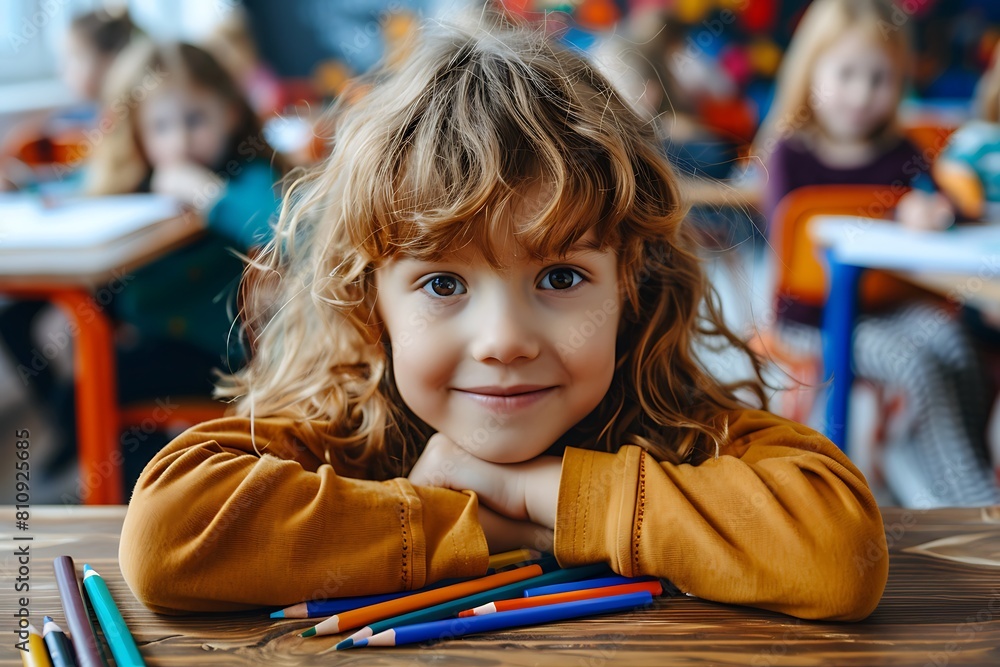 Cute successful learner of primary school looking at camera with smile ...